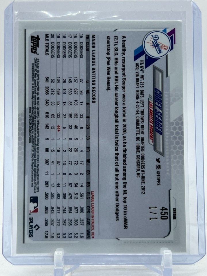 COREY SEAGER 2021 TOPPS CHROME SUPERFRACTOR ONE OF ONE DODGERS 1/1 ...