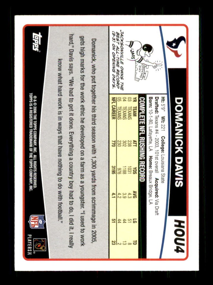 2006 Football Topps Domanick Davis Houston Texans #HOU4 | eBay