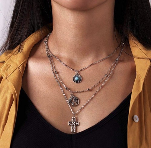 Jovono Boho Layered Turquoise Pendant Necklaces Silver Cross Map ...
