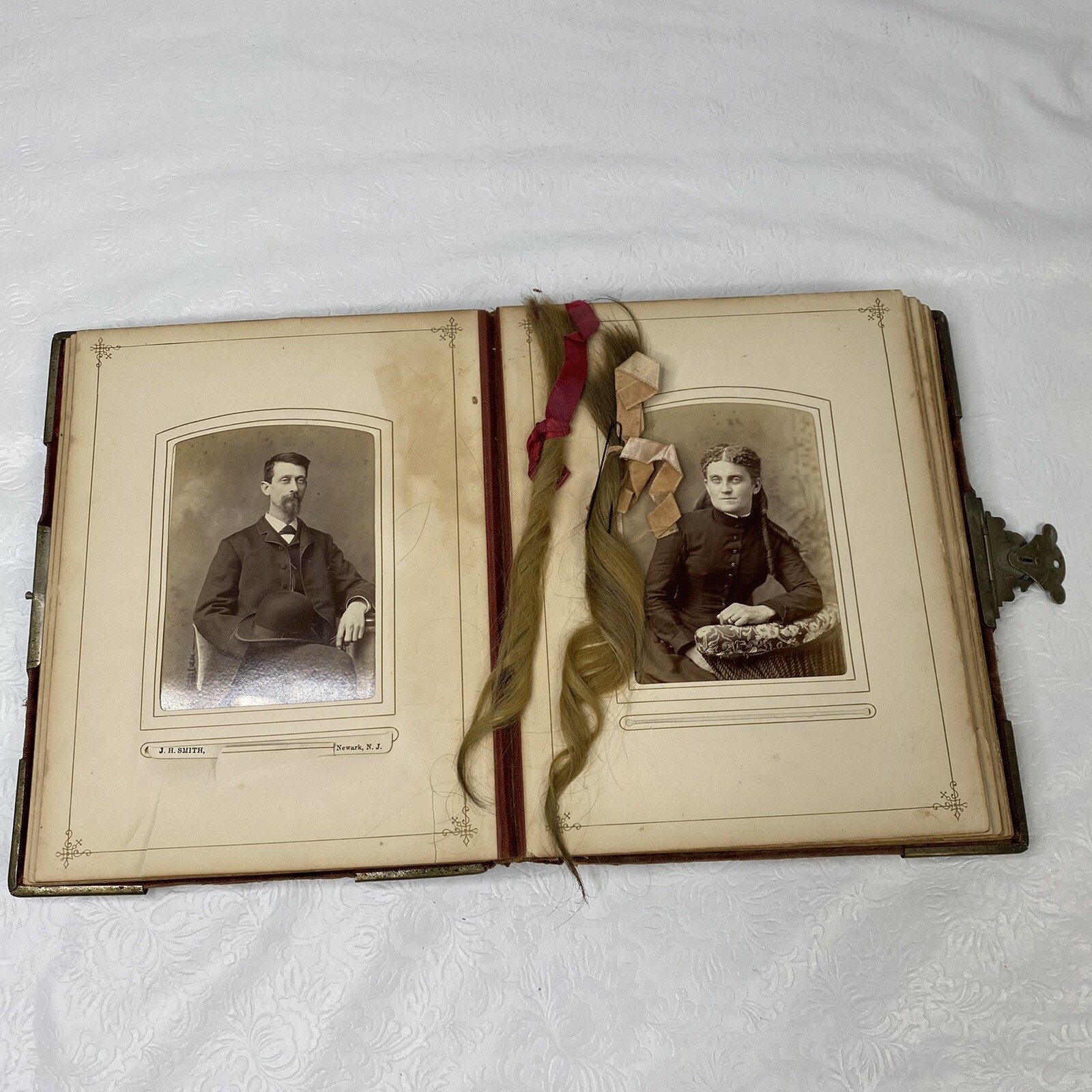 Antique Victorian 1880s Photo Album w 2 Locks of Hair 6 Images Metal ...