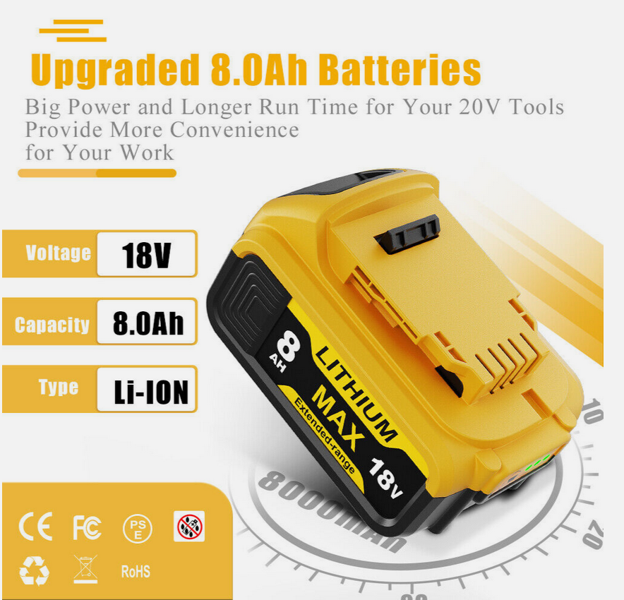 8.0AH For DeWalt 20V Max Lithium Ion Battery /Charger DCB206-2 DCB205-2 ...