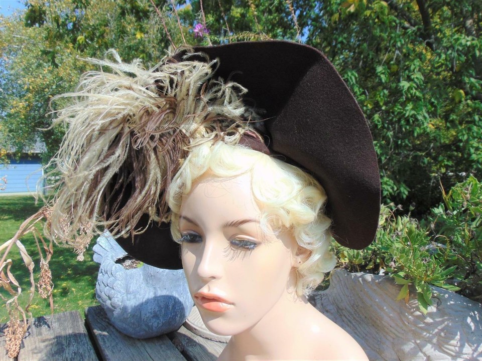 VINTAGE 40S FIELDS BROWN WOOL FELT HALO HAT BIG 2 TONE PLUME | eBay