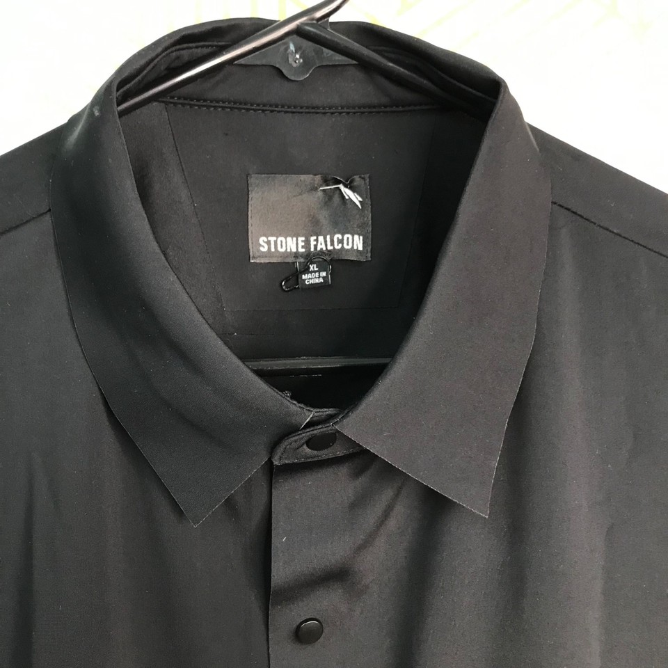 Stone Falcon Mens Snap Front Short Sleeve Shirt XL Black Collared Nylon ...