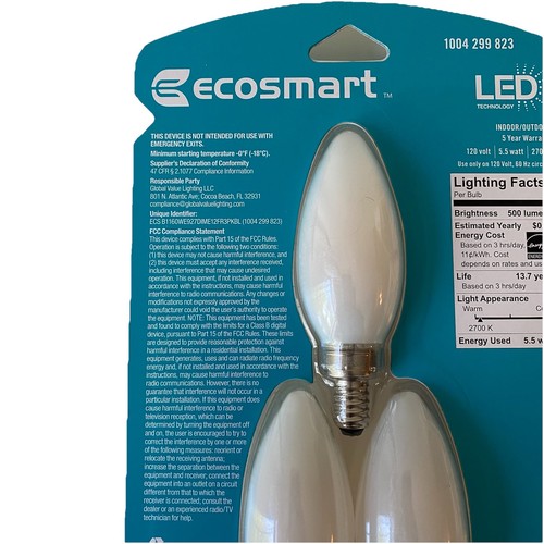 (2) 3-pack EcoSmart 60W LED Soft White Light Bulbs B11 Candlebra Base ...