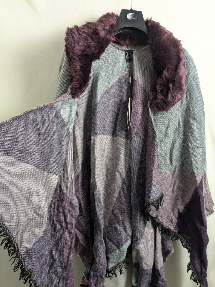 Roman Ladies Faux Fur Collar one size fringe hem Poncho Purple Mix New ...