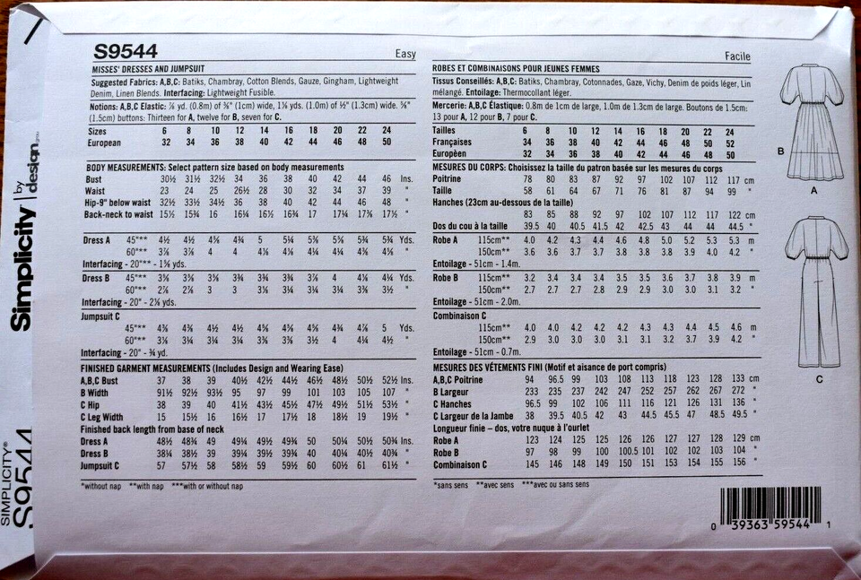 SIMPLICITY PATTERN 9544 JUMPSUIT DRESSES MISSES SIZES 6 8 10 12 14 ...