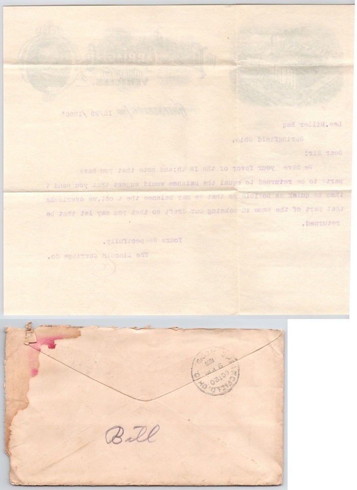 1900~Lincoln Carriage Co~Letterhead~Envelope~Invoices~Greensburg IN ...
