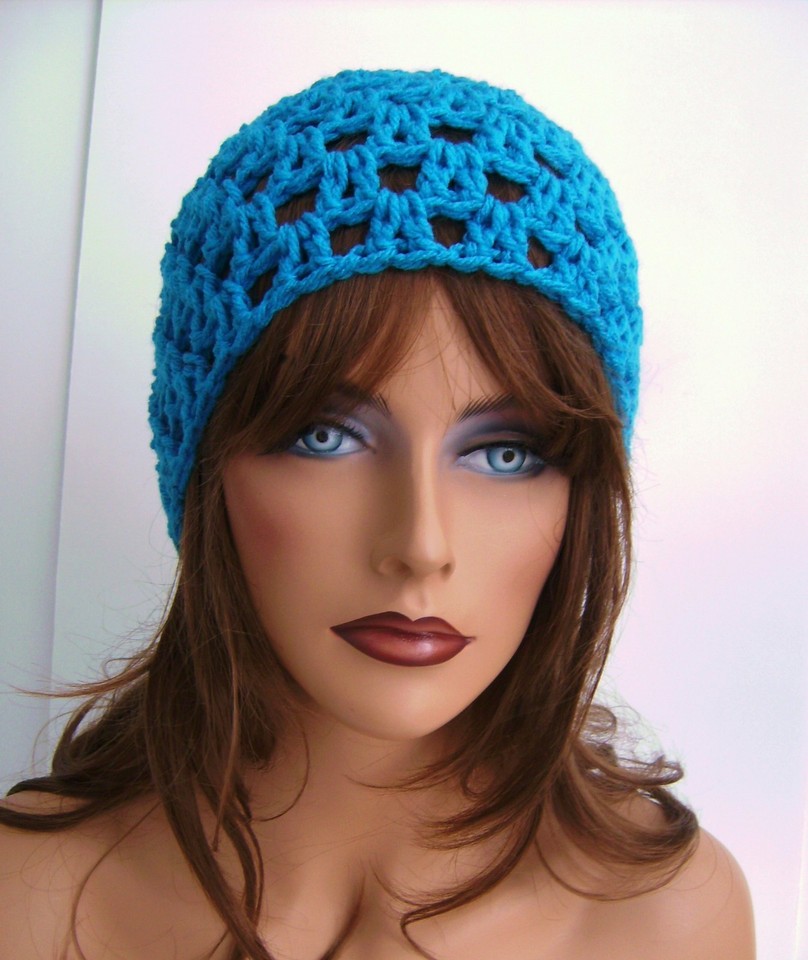 NEW TURQUOISE OPEN WEAVE BEANIE HAT HAND MADE CROCHET BERET SKULL CAP ...