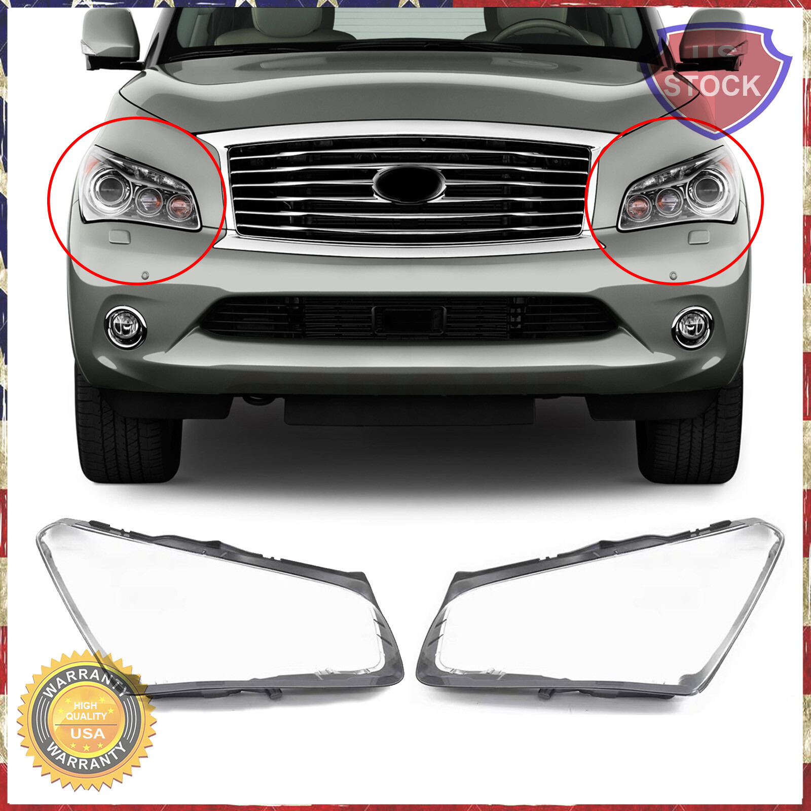 A Set Front Headlight Lens Cover +Glue For INFINITI QX56/QX80 2011-2014 ...