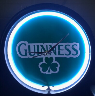 Vintage Guinness Neon 12" Wall Clock White Neon Green clover,, tested ...