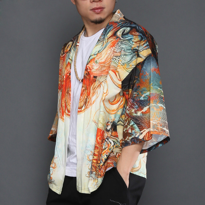 Men Japanese Yukata Coat Kimono Outwear Retro Jacket Loose Top Dragon ...