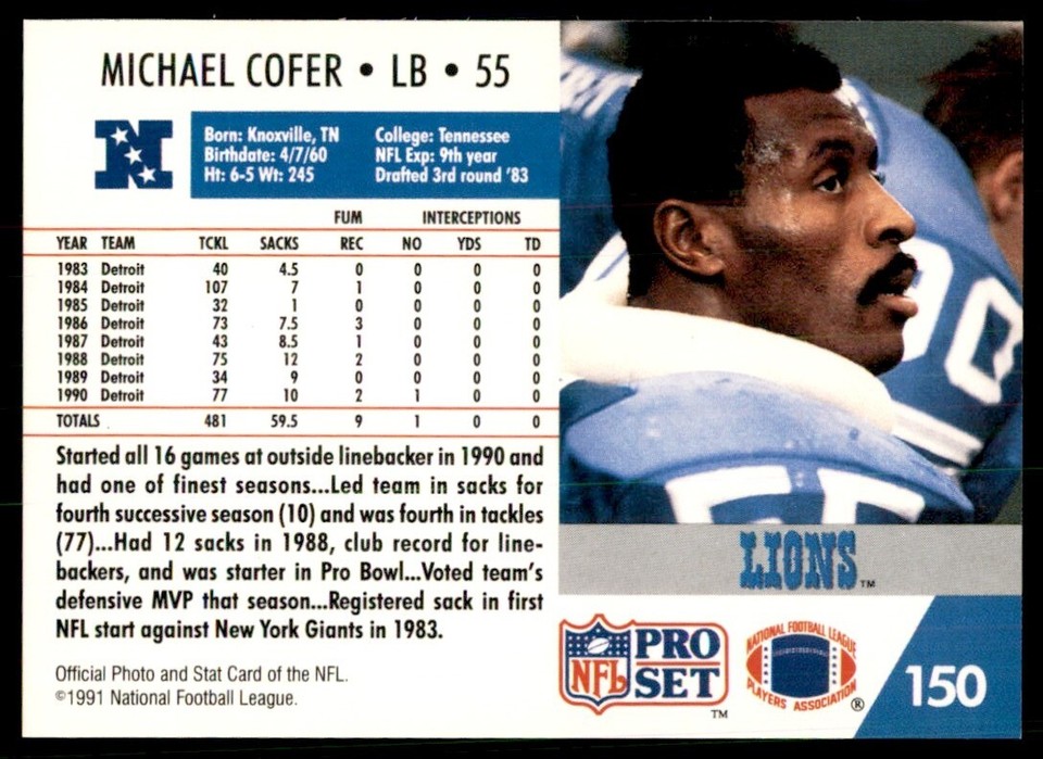 1991 Pro Set Michael Cofer Detroit Lions #150 | eBay