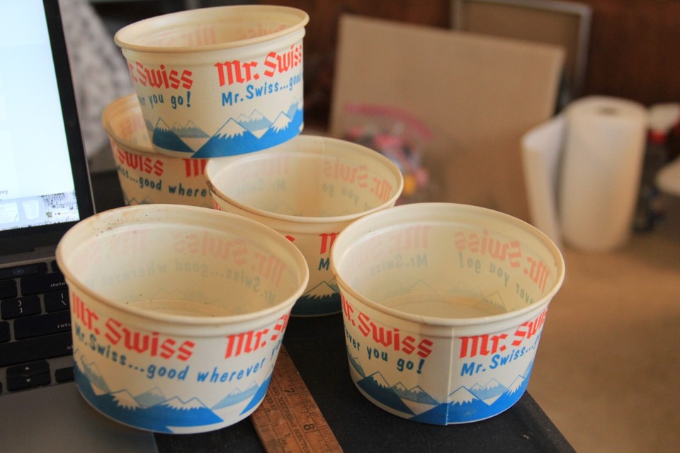 5 Mr. Swiss Mister vintage Ice Cream Sundae Cups show wear tear ...