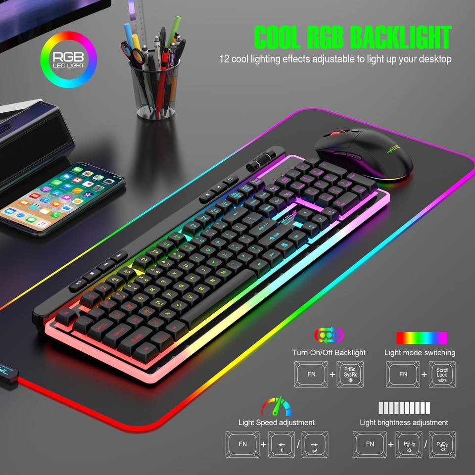 Wireless Keyboard and Mouse Combo, Gaming Keyboard Rechargeable Cool ...