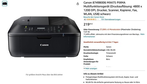 Canon PIXMA MX475 Tintenstrahldrucker Multifunktionsgerät 4960999990224 ...