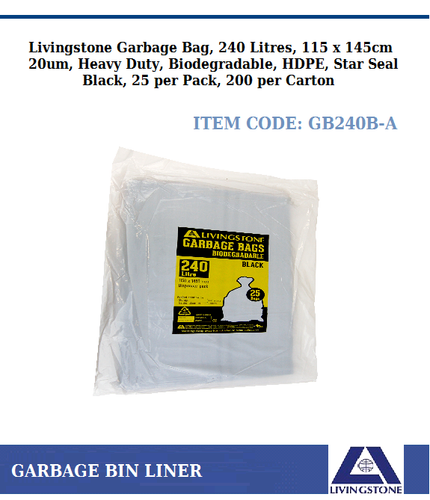 Livingstone Garbage Bag 240L 115x145cm 20um Heavy Duty Black Rubbish ...