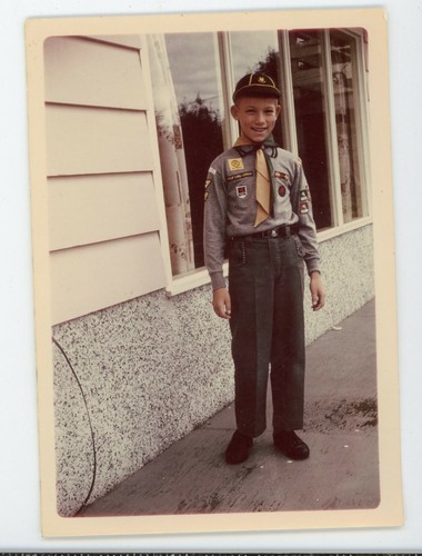 Boy in wolf cub uniform with patches Vintage snapshot color snapshot ...