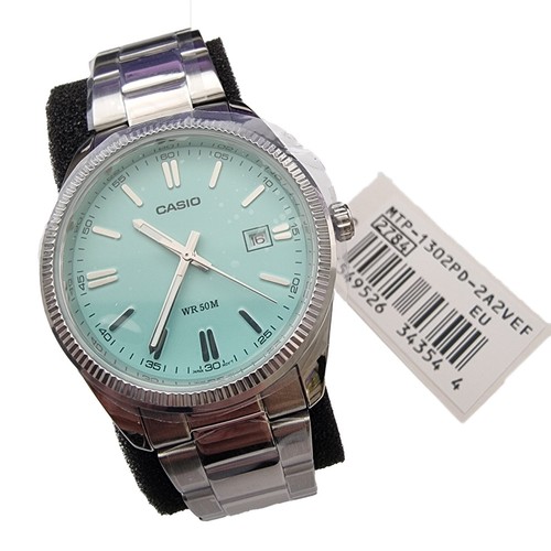 New Casio Aqua Blue Dial 44mm Silver Steel Bracelet Watch • MTP-1302PD ...