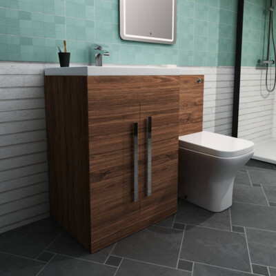 1100mm LH Walnut L Shape Bathroom Vanity Unit with Basin + Back To Wall ...