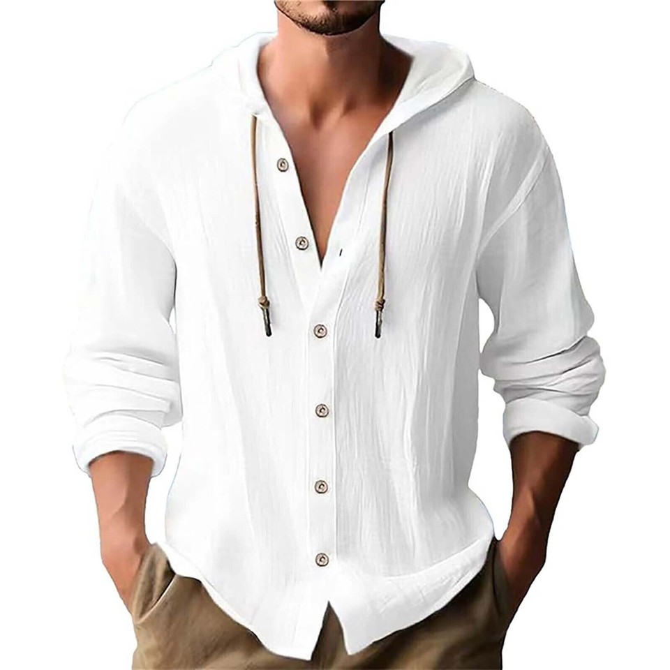 Men's Solid Color Casual Long Sleeve Shirt Hood Drawstring Cotton Linen ...