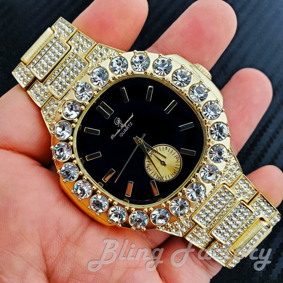 Men's Iced Luxury Black Dial Bling Gold Plated Alloy Big Cubic Zirconia ...