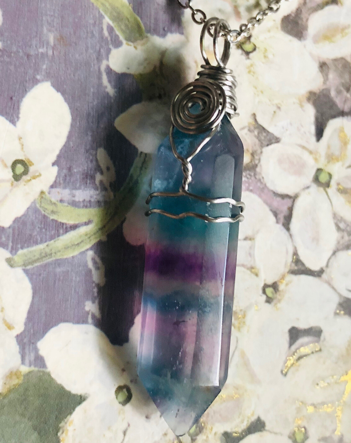 Natural rainbow fluorite crystal point wire wrapped pendant necklace | eBay