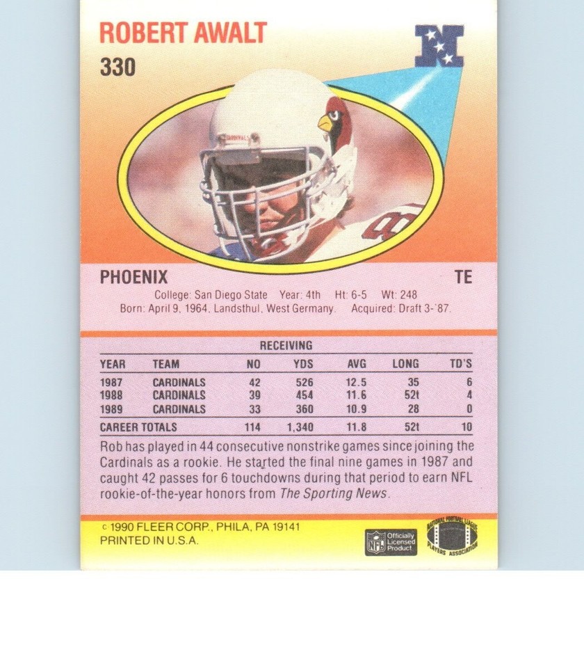 Robert Awalt 330 Cardinals 1990 Fleer NFL Football Trading Card | eBay