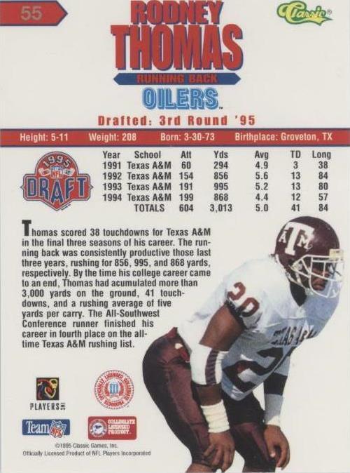 1995 Classic NFL Draft Rodney Thomas #55 | eBay