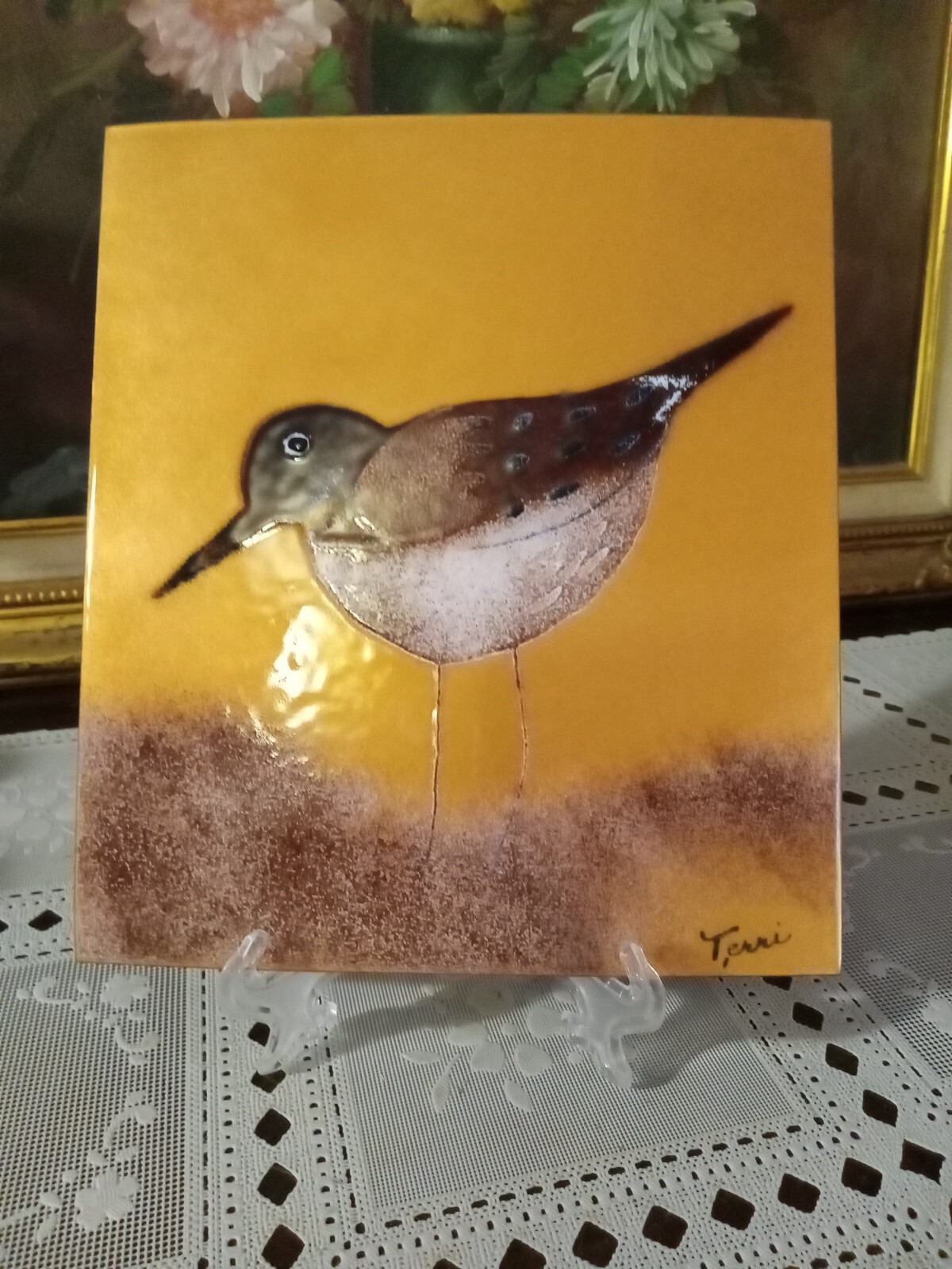 Vintage Terri Ouellette Enamel On Copper Panel Sandpiper Bird Art ...