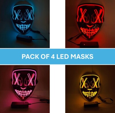 4 PACK LED MASK PURGE LIGHT UP FANCY DRESS COSTUME HALLOWEEN QUALITY ...