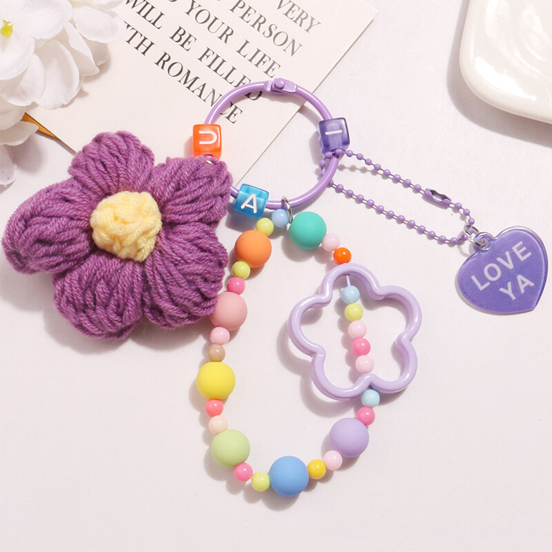 Cartoon Wool Knitted Flowers Key Chains Beaded Wristlet Lanyard ...