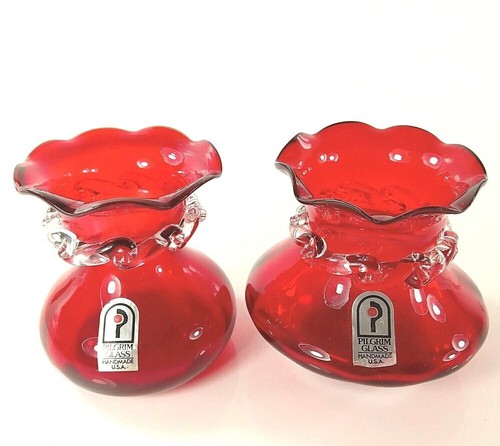 Pilgrim Glass Co USA Set of 2 Handmade Vibrant Red Vases with Stickers ...