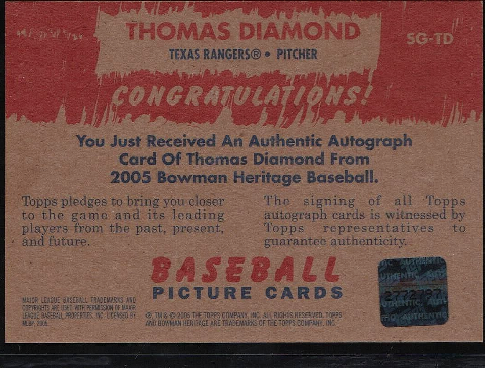 Thomas Diamond 2005 Bowman Heritage Signs of Greatness On-Card ...