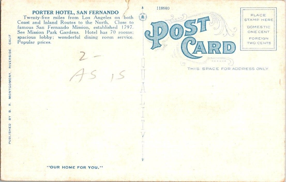 1920'S. PORTER HOTEL, SAN FERNANDO, CALIF. POSTCARD. BQ18 | eBay