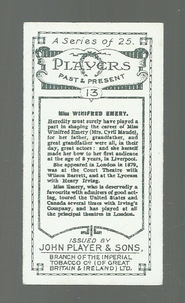1916 JOHN PLAYER & SONS PAST & PRESENT #13 MISS WINIFRED EMERY NM+ RARE ...