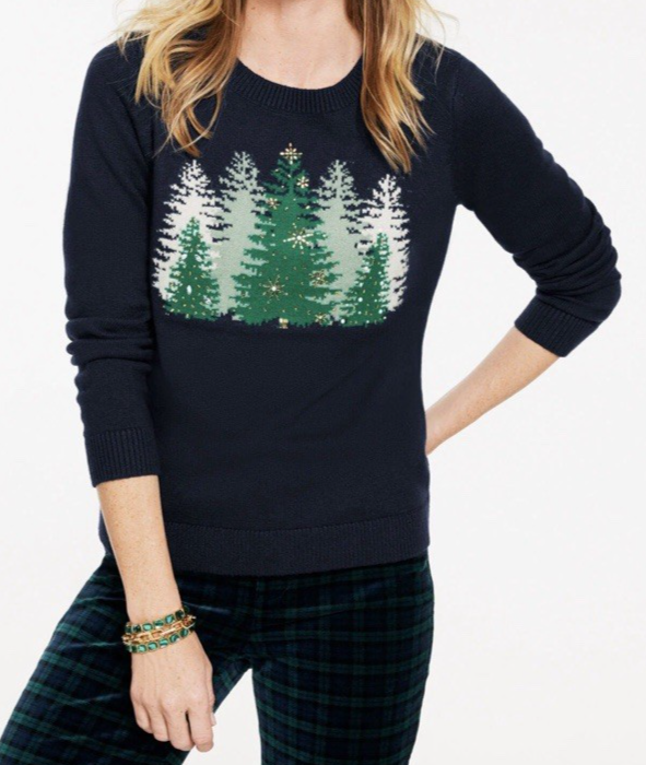 NWT NEW TALBOTS SZ LARGE CHRISTMAS TREE SWEATER NAVY GREEN MULTI $139. ...
