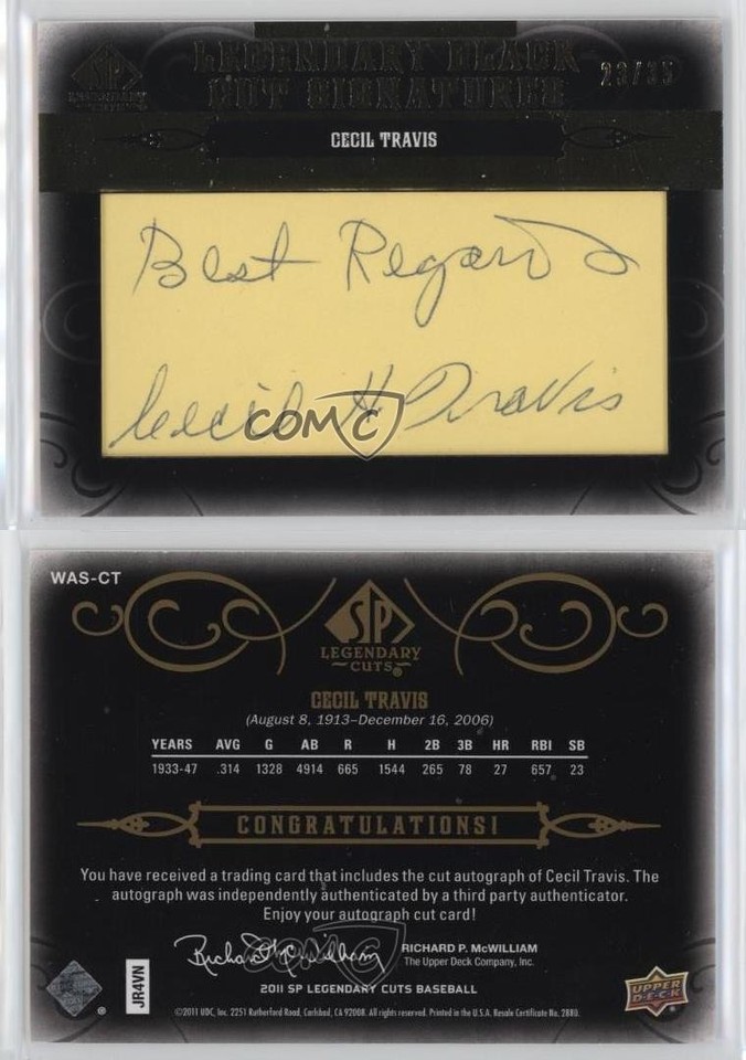 2011 SP Legendary Cuts Black Cut Signatures 23/25 Cecil Travis #WAS-CT ...
