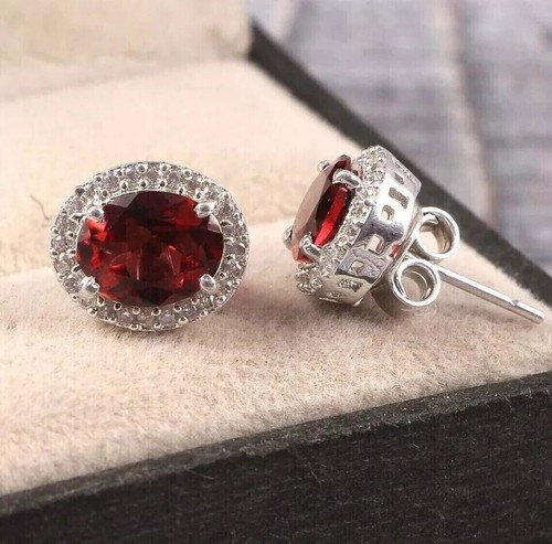 3Ct Oval Simulated Red Garnet Halo Stud Earrings 14k White Gold Plated ...