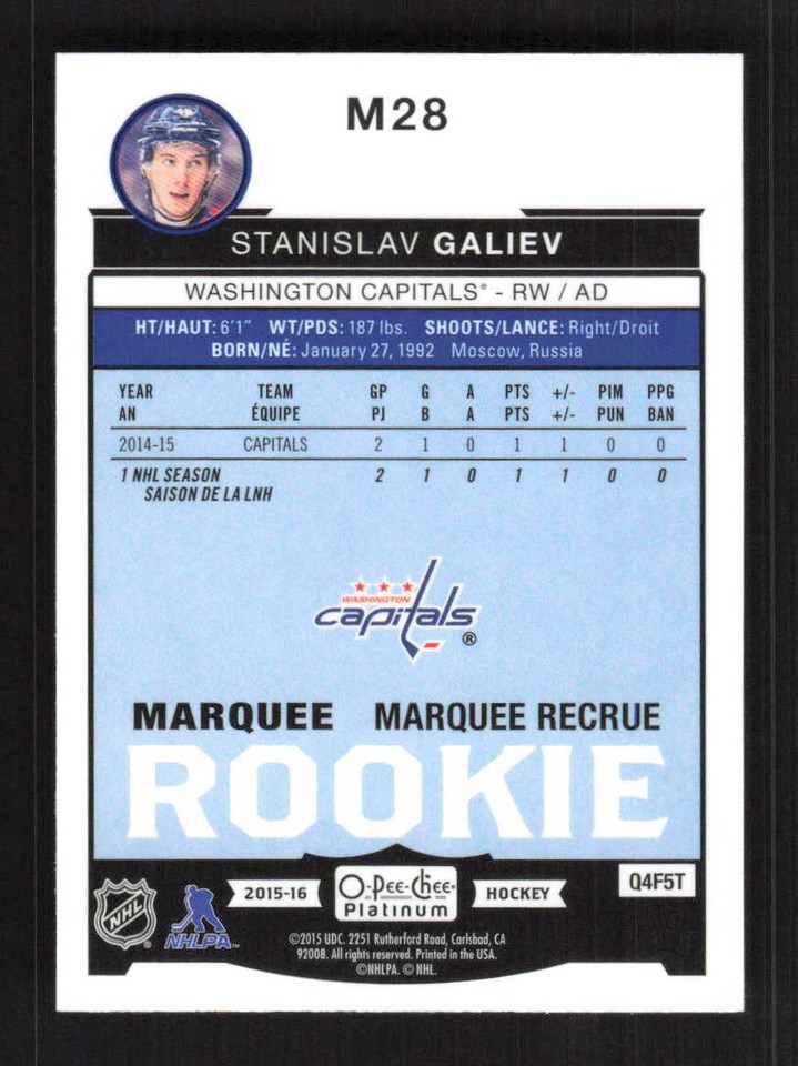 Stanislav Galiev RC 2015 O-Pee-Chee Platinum Marquee Rookies Capitals # ...