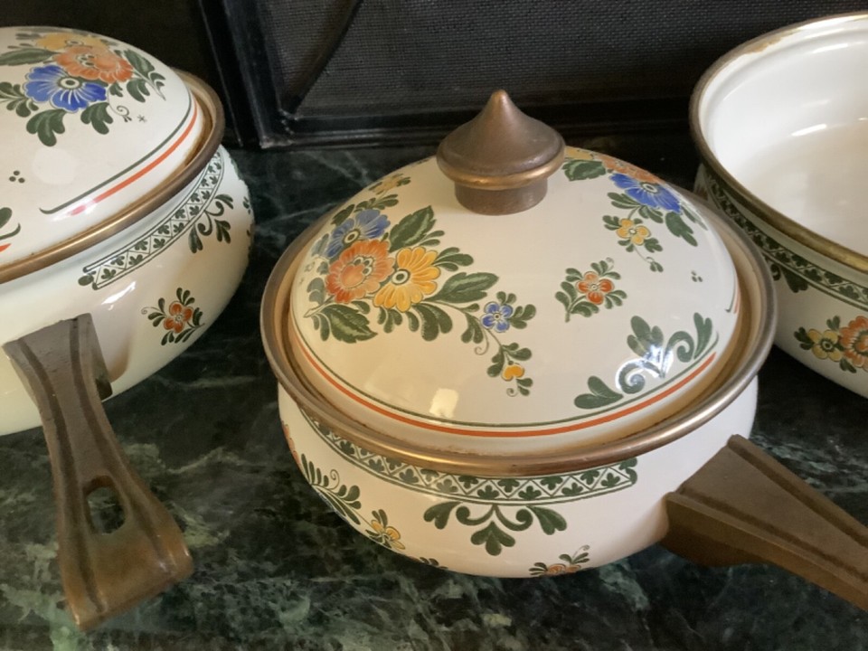 Vintage ASTA German Floral Enamelware Cookware Set With Brass Handles 2 ...