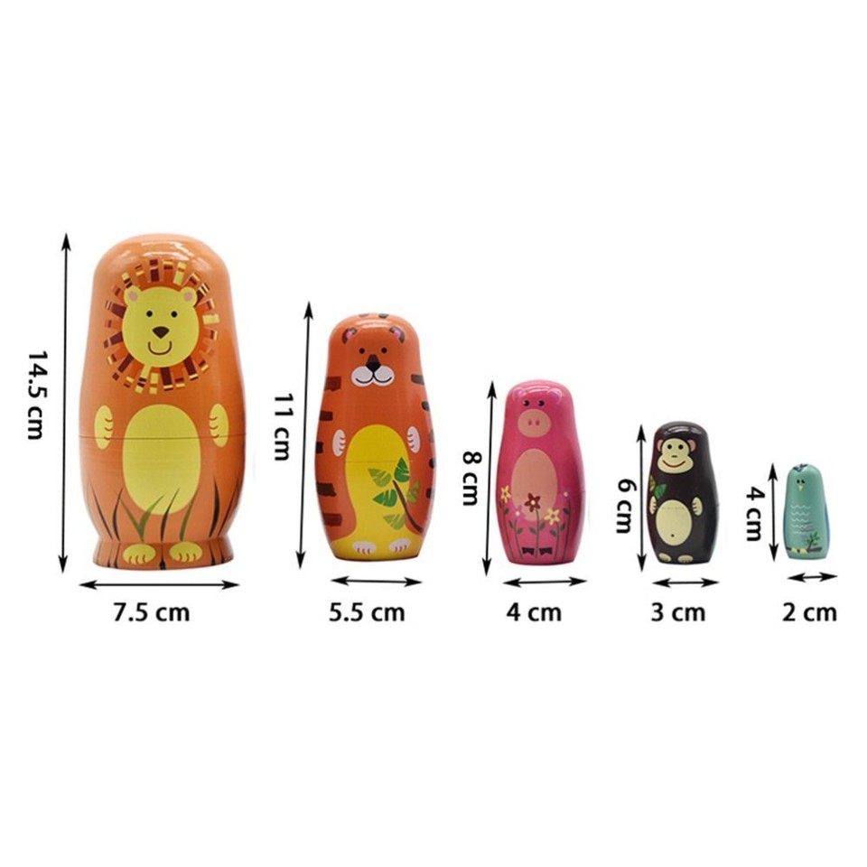 5 Pcs Cute Nesting Dolls Handmade Wooden Different Pattern Animals ...