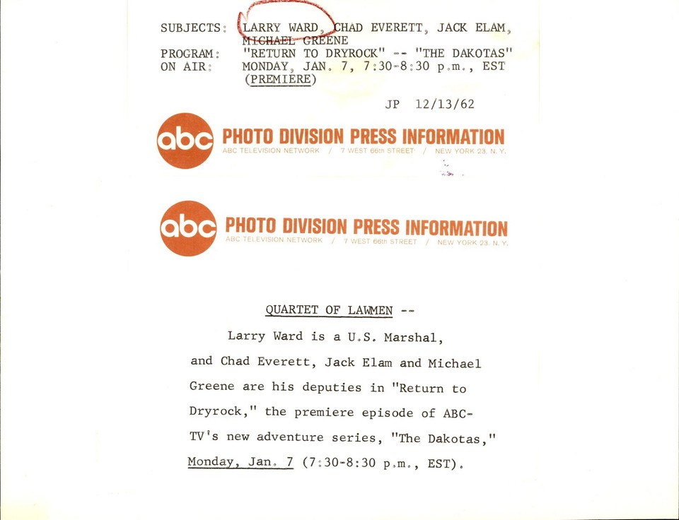 BR25 '62 Original Photo LARRY WARD CHAD EVERETT JACK ELAM MICHAEL ...