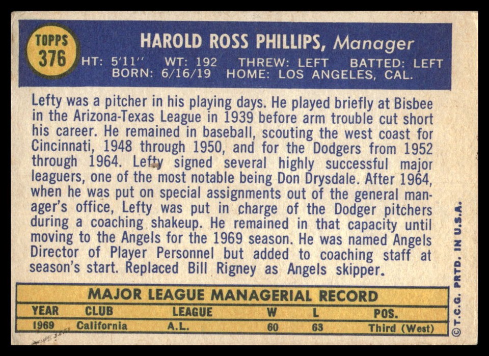 1970 Topps #376 Lefty Phillips California Angels VG-VGEX | eBay