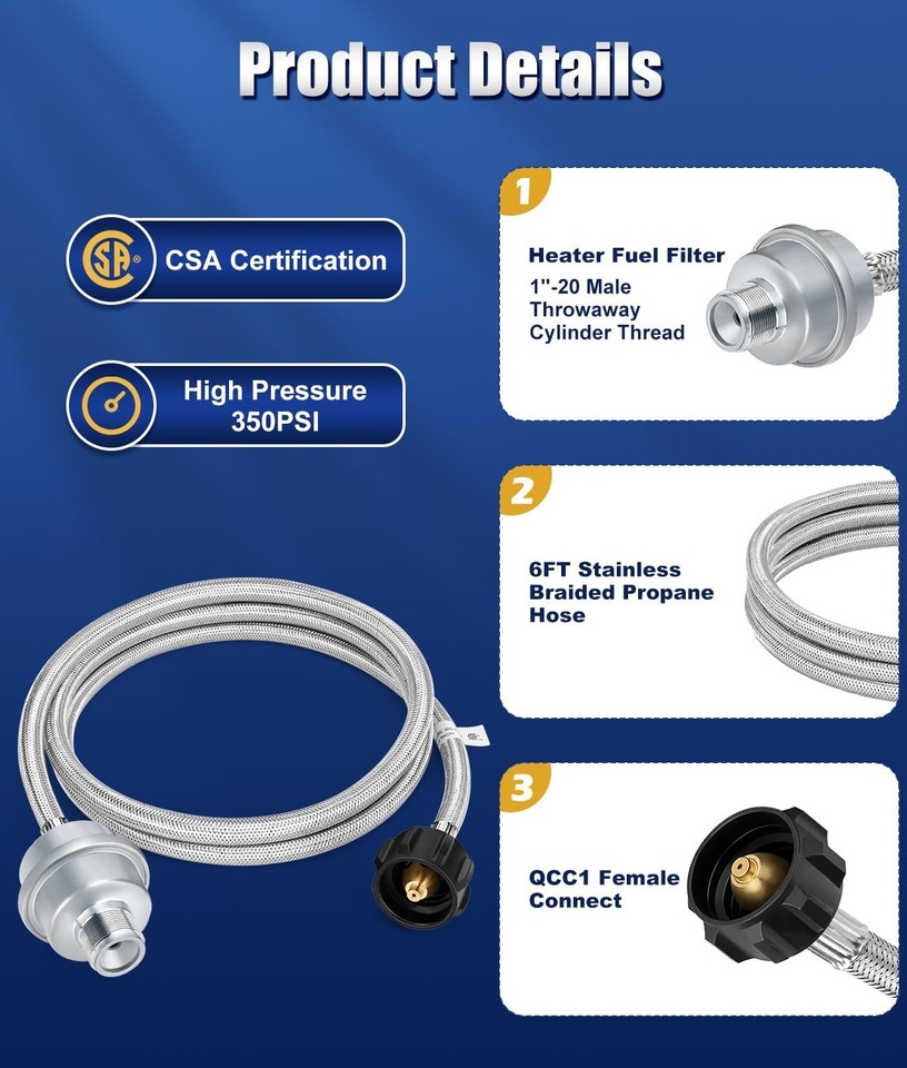 Propane Fuel Filter F273699 with 6FT Stainless Braided QCC1 Propane ...