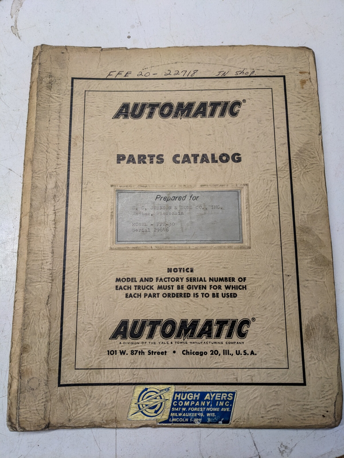 AUTOMATIC FORK LIFT TRUCK PARTS LIST BOOK MANUAL FF E 30 CATALOG TYPE ...