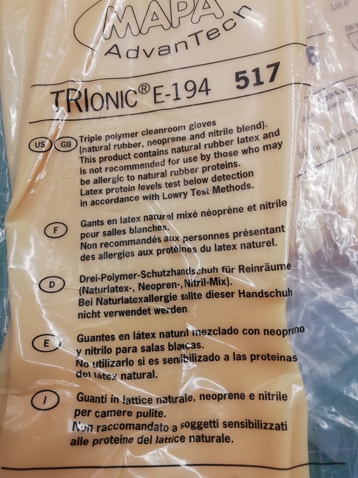 12X MAPA ADVANTECH TRIONIC CHEMICAL RESISTANT CLEANROOM GLOVES E-194 ...