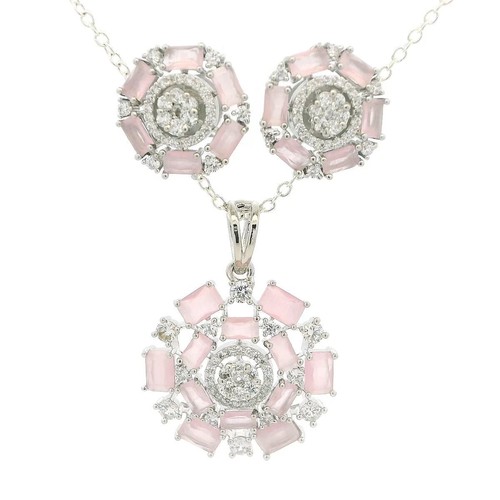 C.Z & Rose Quartz Color Baguette Shape Stone Studded Pendant & Ear Set ...