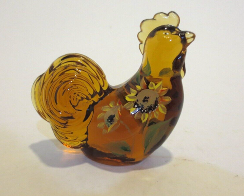 Fenton Lenox Amber Glass Chicken/Rooster/Hen-hand painted sunflower ...