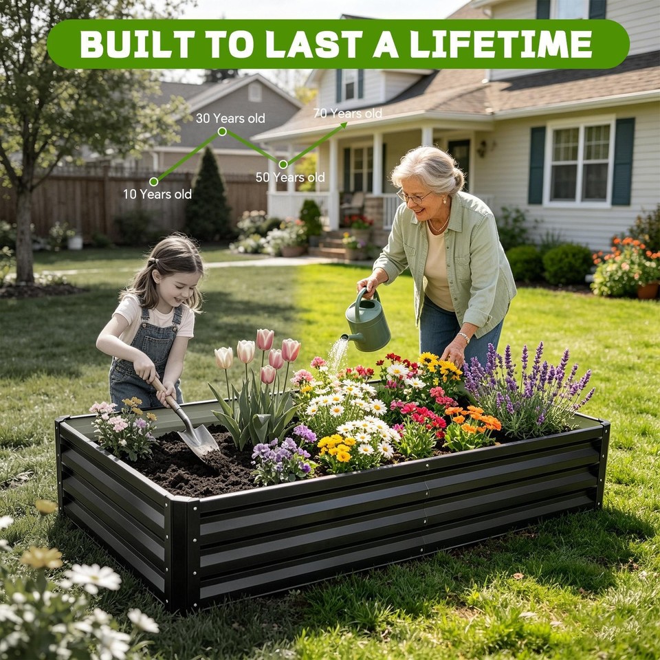 6 × 3 × 1ft Garden Bed Galvanized Raised, Black Outdoor Planter Box ...