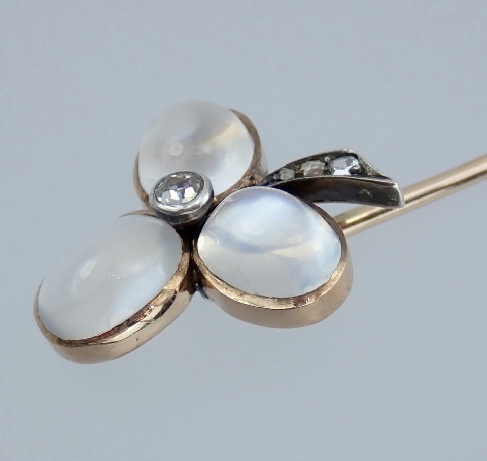 Lucky Antique Victorian 9K Rose Gold Moonstone Diamond Shamrock Stick ...